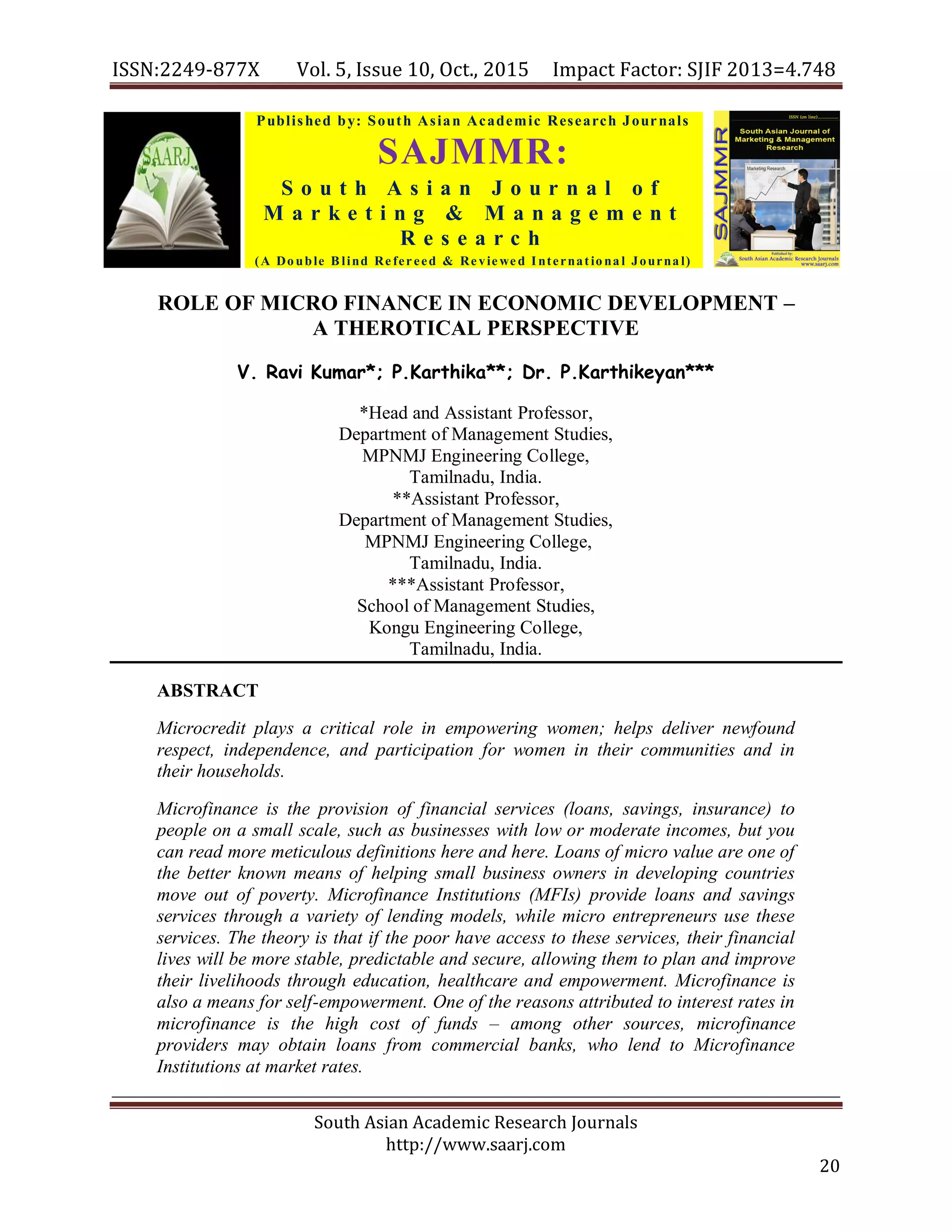 ROLE OF MICRO FINANCE IN ECONOMIC DEVELOPMENT – A THEORETICAL ...