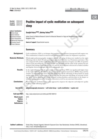 6 2009-positive impact of cyclic meditation on subsequent | PDF | Sleep Disorders | Diseases and ...