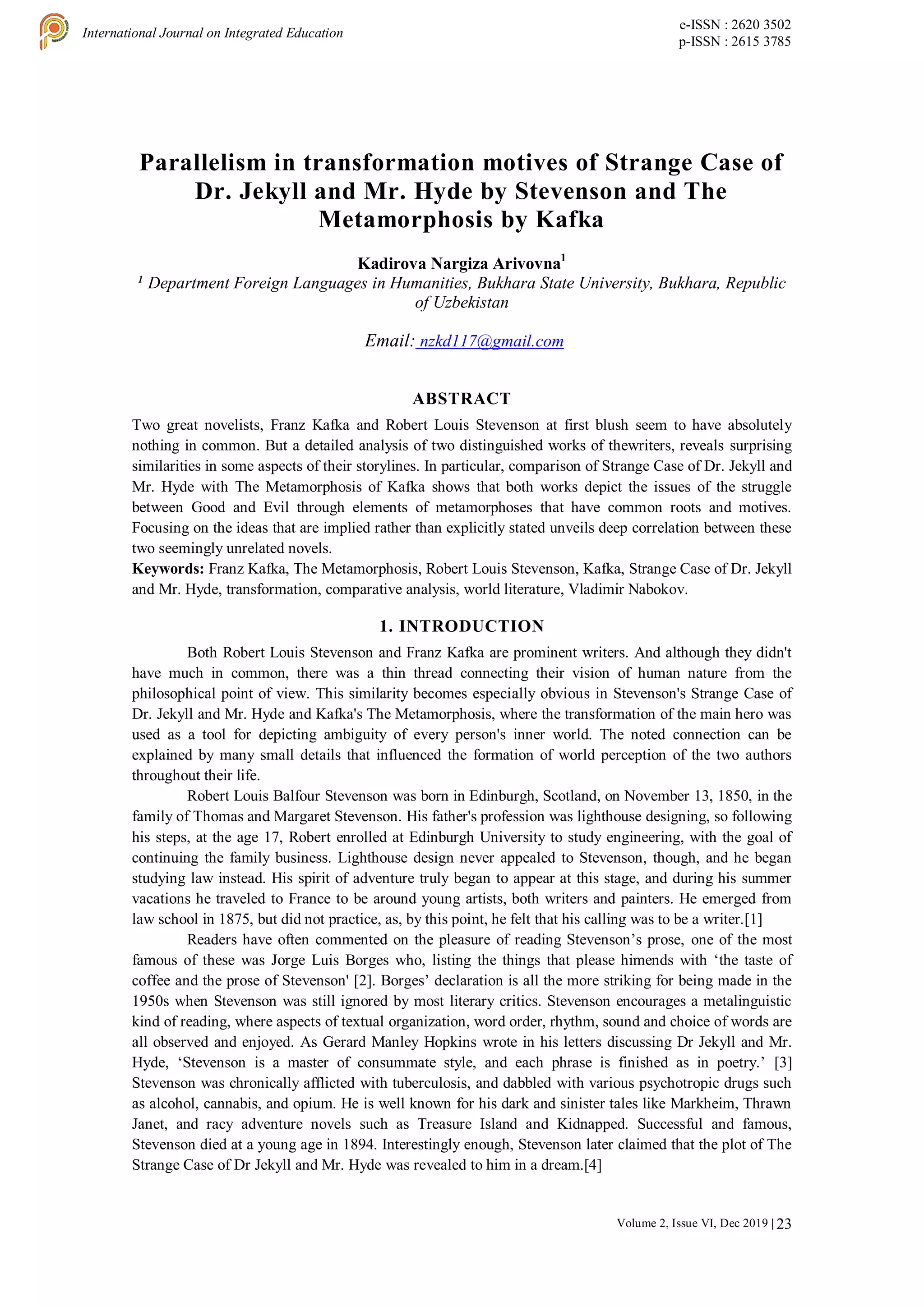 Parallelism in transformation motives of Strange Case of Dr. Jekyll and ...