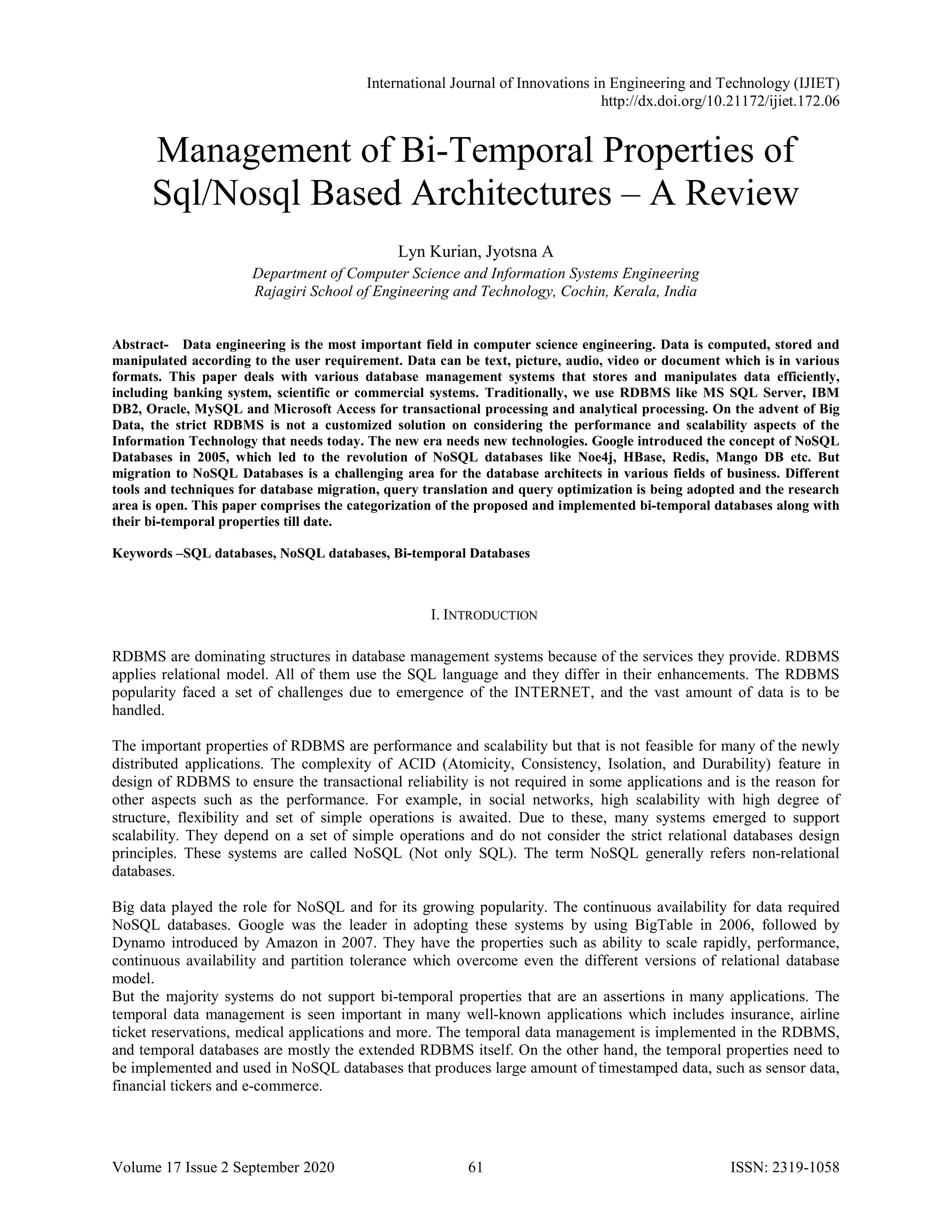 Management of Bi-Temporal Properties of Sql/Nosql Based Architectures – A Review | PDF