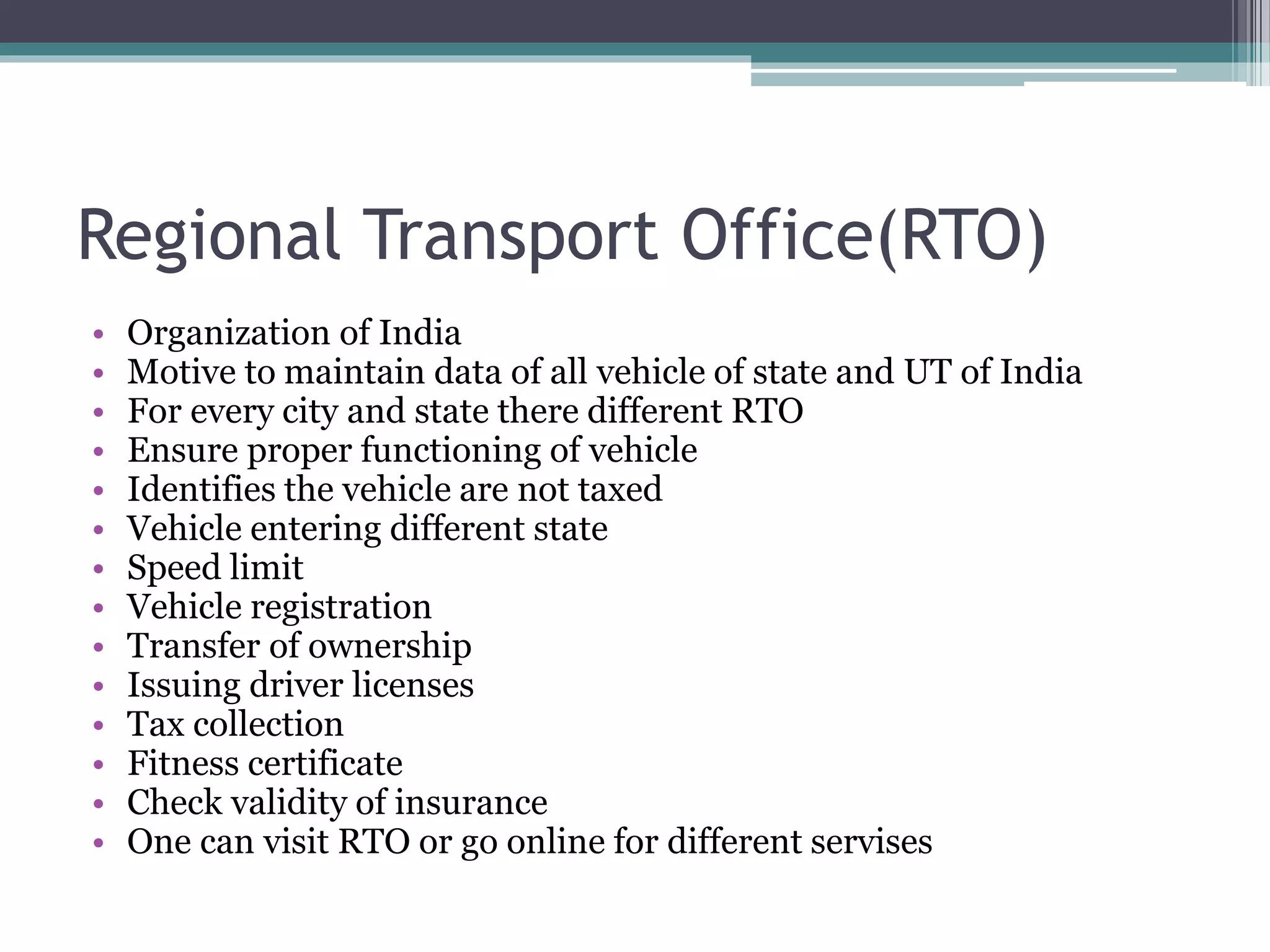 6.2 organizational structure of motor vehicle (rto) | PPTX