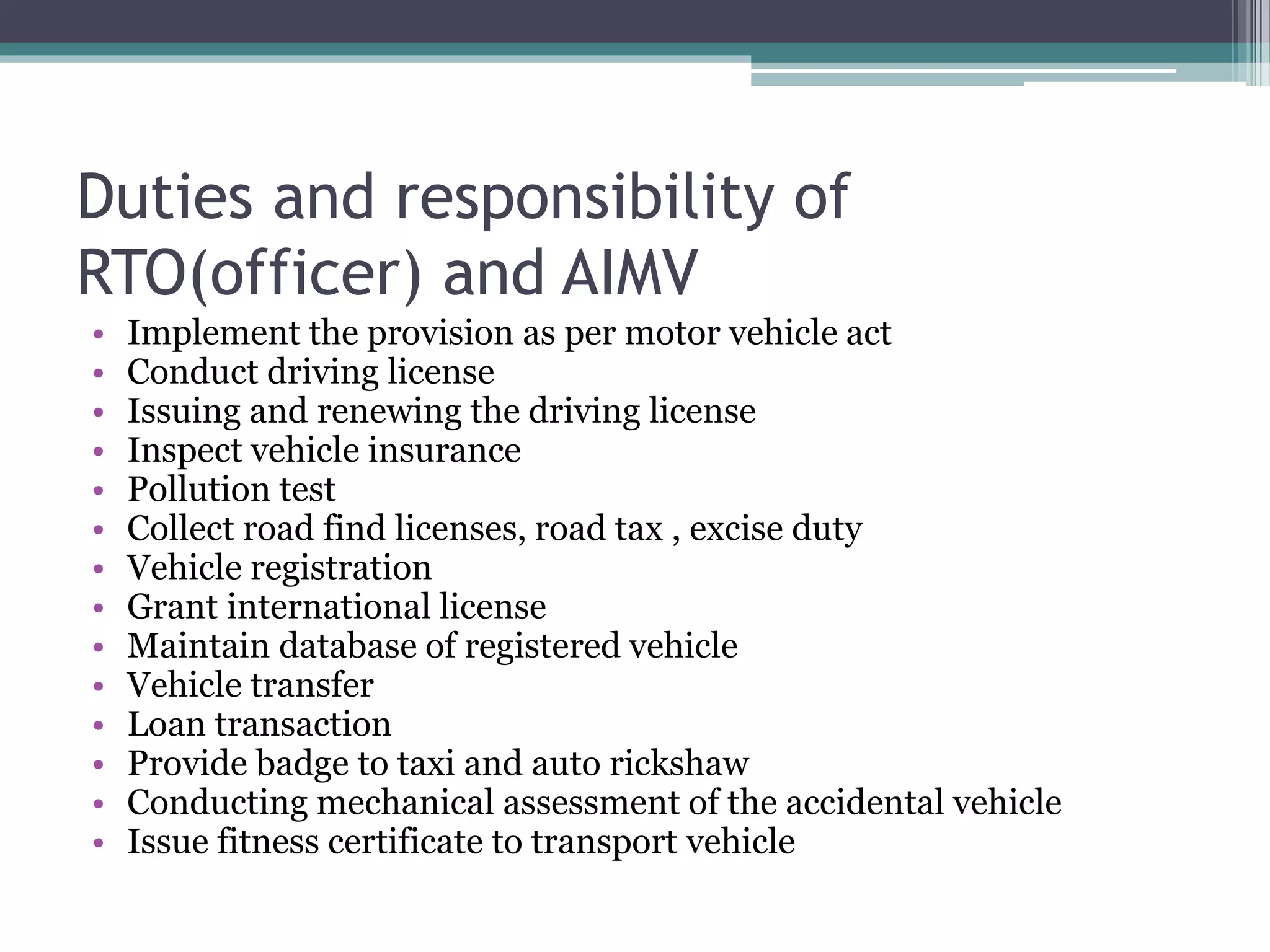 6.2 organizational structure of motor vehicle (rto) | PPTX