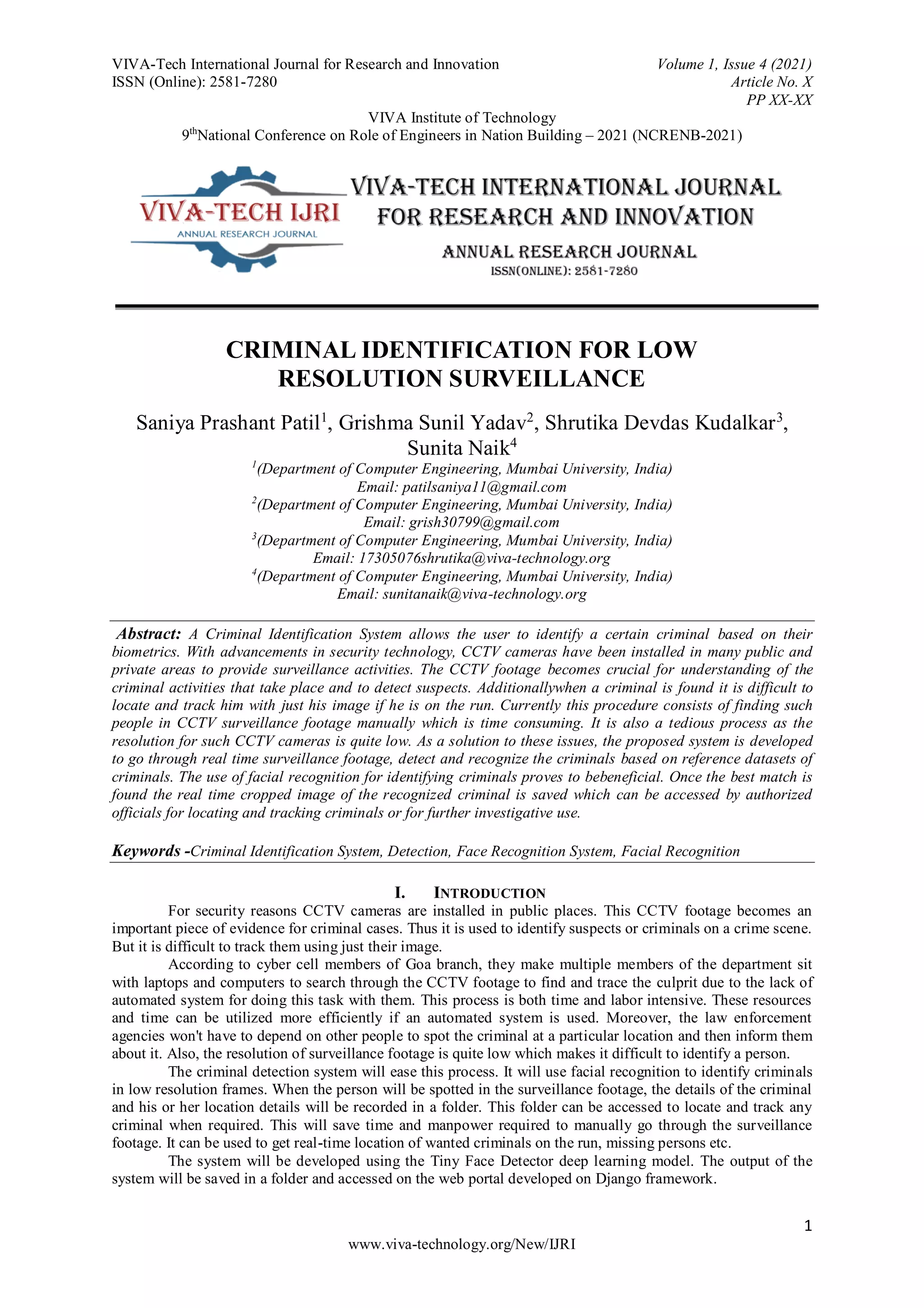 CRIMINAL IDENTIFICATION FOR LOW RESOLUTION SURVEILLANCE | PDF