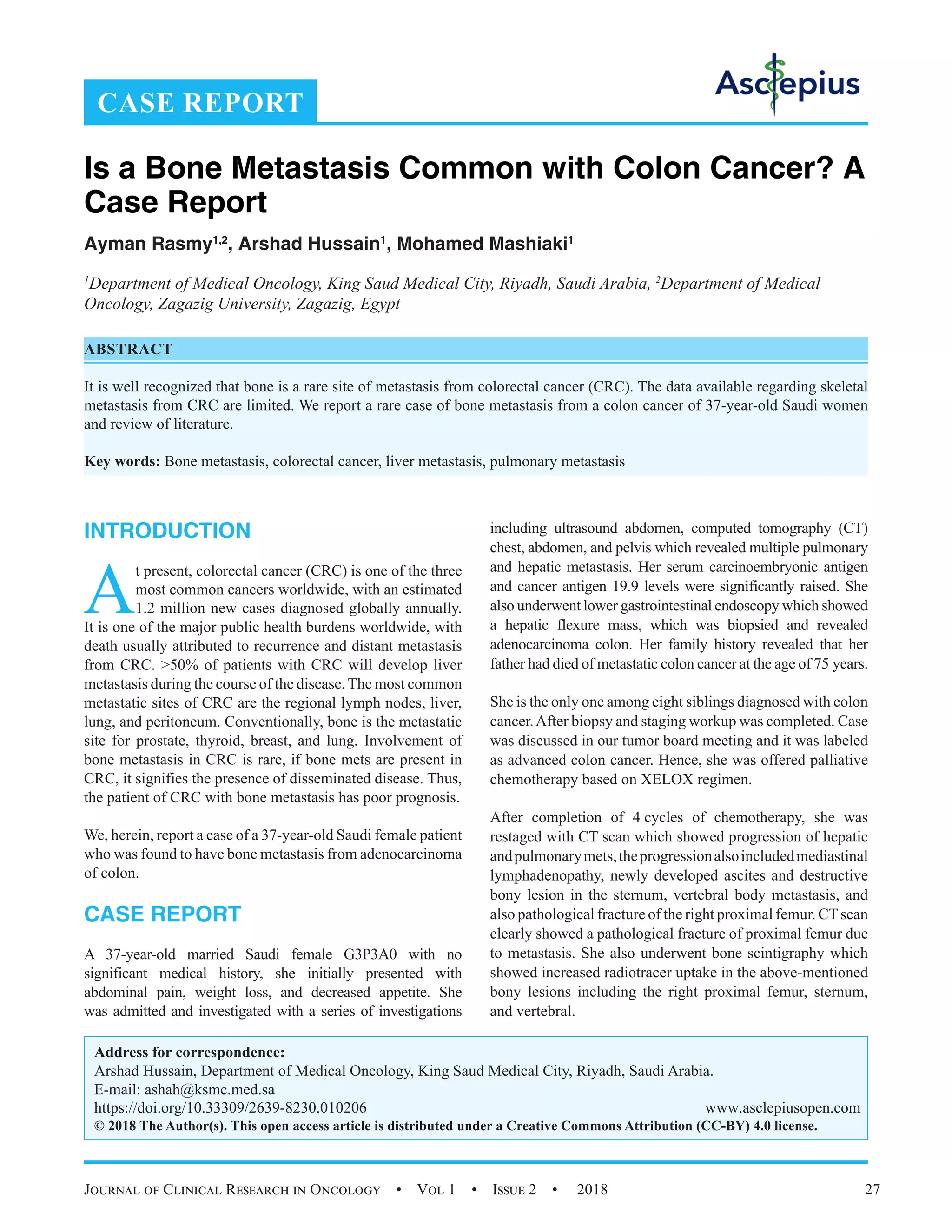 Is a Bone Metastasis Common with Colon Cancer? A Case Report | PDF
