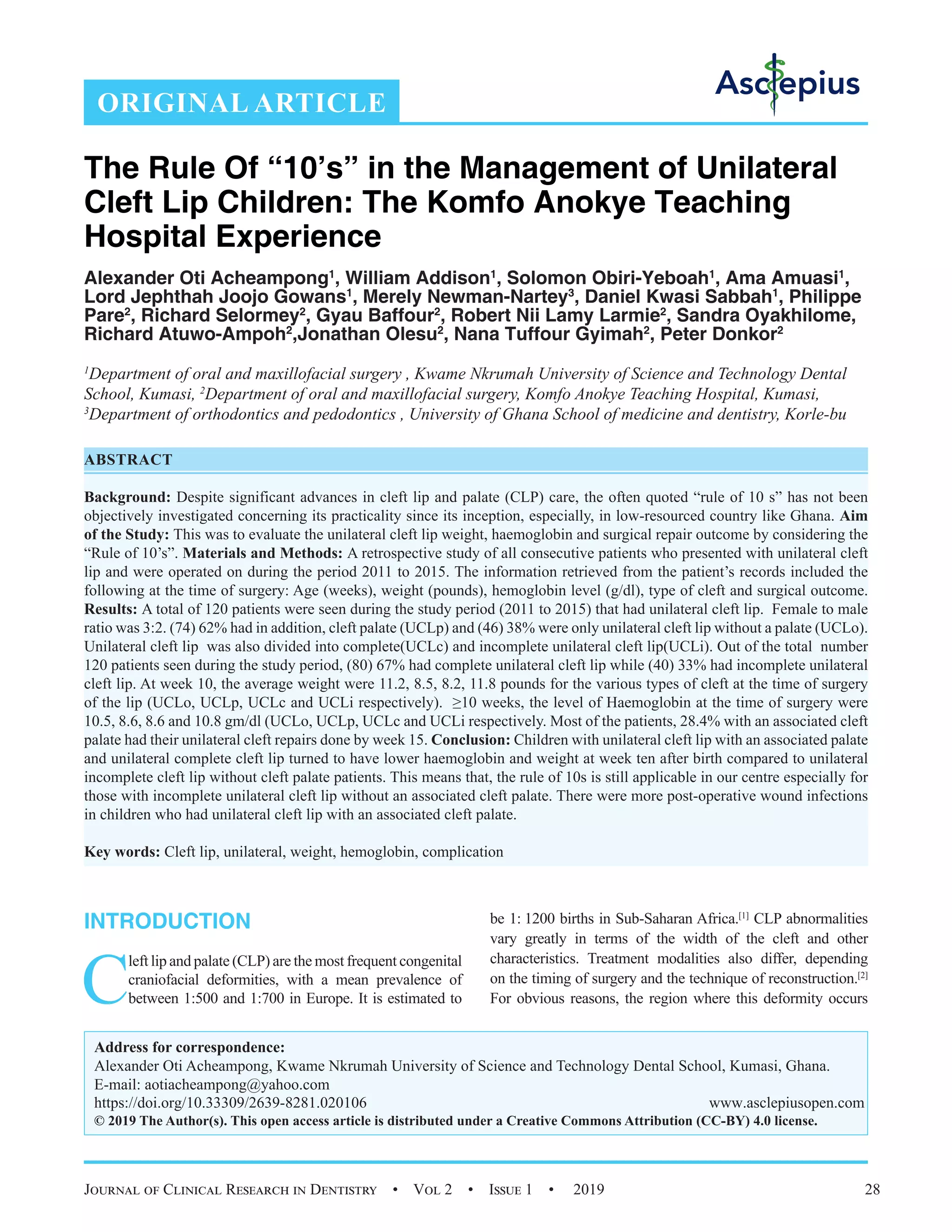 The Rule Of “10’s” in the Management of Unilateral Cleft Lip Children ...