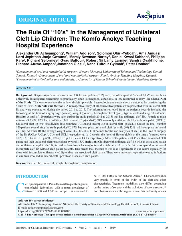 The Rule Of “10’s” in the Management of Unilateral Cleft Lip Children ...