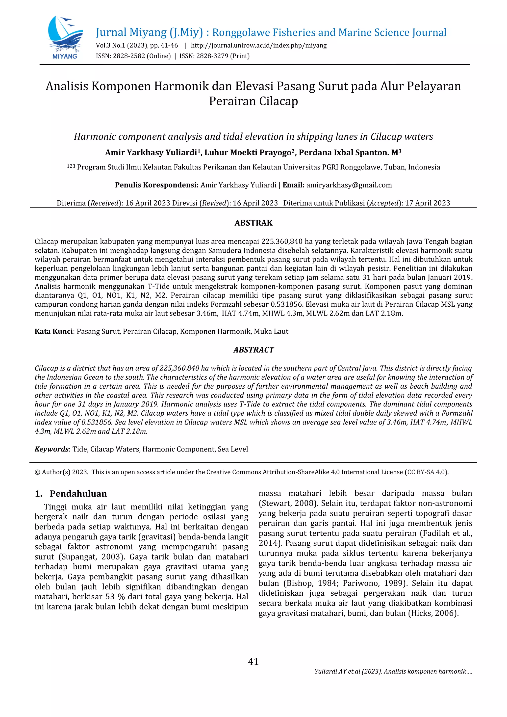 Analisis Komponen Harmonik dan Elevasi Pasang Surut pada Alur Pelayaran Perairan Cilacap | PDF