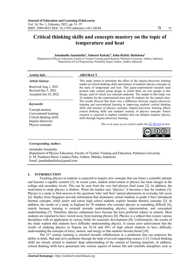 Critical thinking skills and concepts mastery on the topic of ...