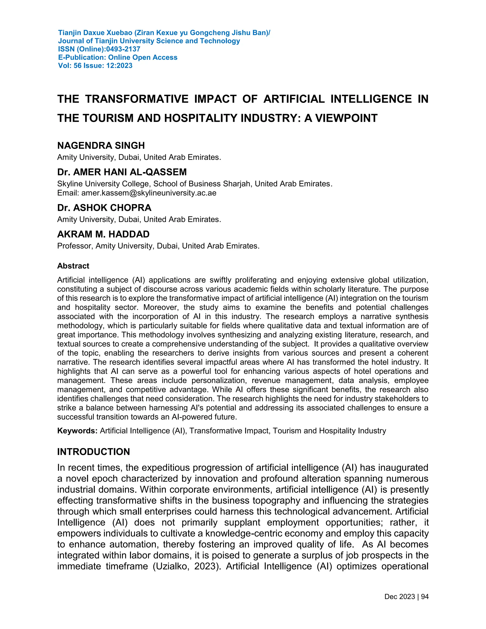THE TRANSFORMATIVE IMPACT OF ARTIFICIAL INTELLIGENCE IN THE TOURISM AND ...