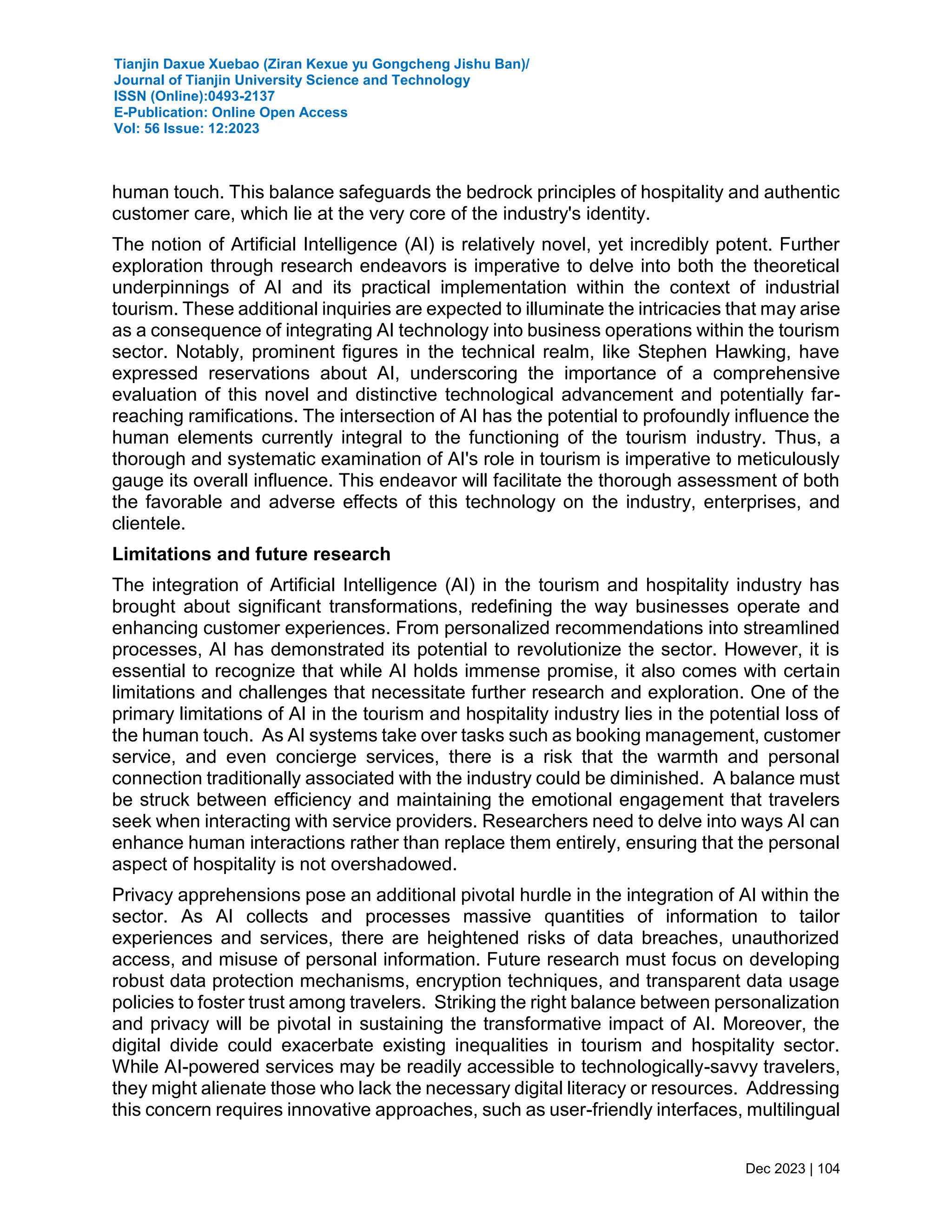 THE TRANSFORMATIVE IMPACT OF ARTIFICIAL INTELLIGENCE IN THE TOURISM AND HOSPITALITY INDUSTRY: A ...