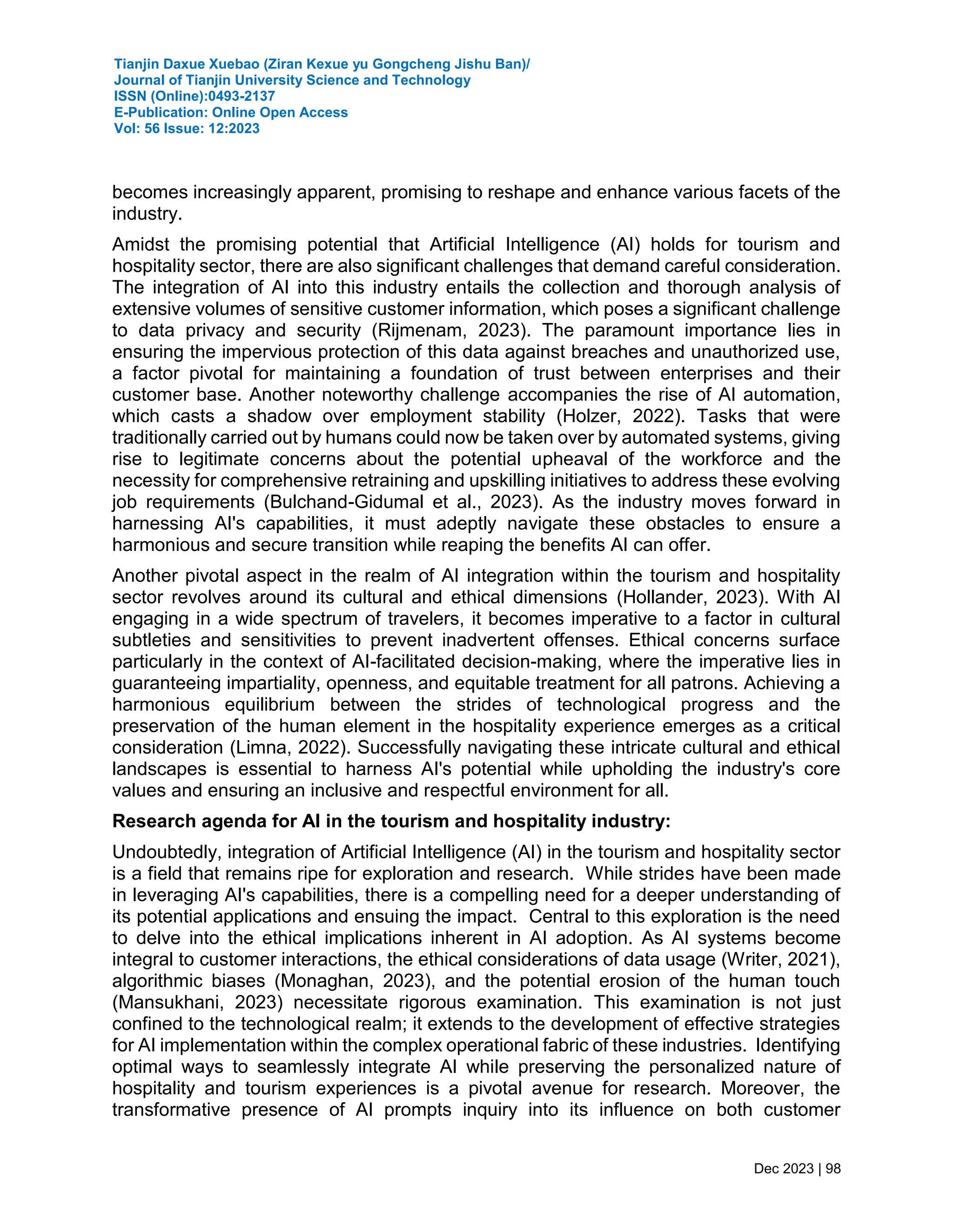 THE TRANSFORMATIVE IMPACT OF ARTIFICIAL INTELLIGENCE IN THE TOURISM AND HOSPITALITY INDUSTRY: A ...