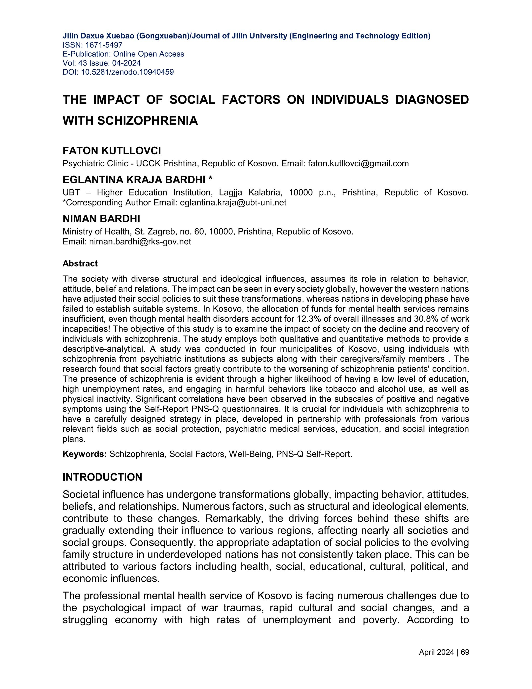 THE IMPACT OF SOCIAL FACTORS ON INDIVIDUALS DIAGNOSED WITH SCHIZOPHRENIA | PDF