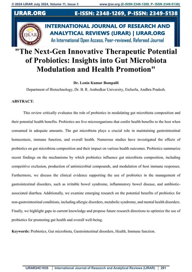 The Next-Gen Innovative Therapeutic Potential of Probiotics: Insights into Gut Microbiota ...