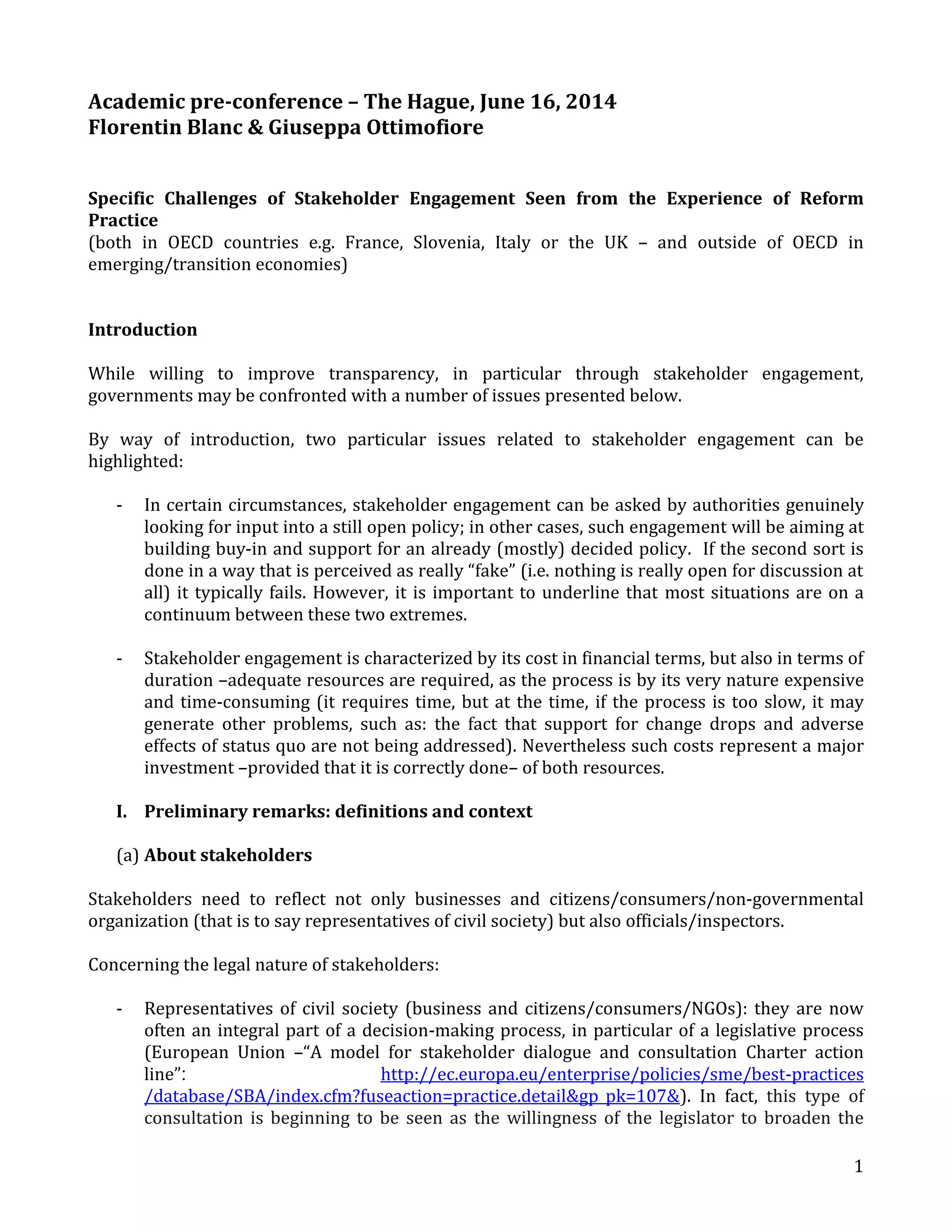 Specific challenges of stakeholder engagement seen from the experience ...