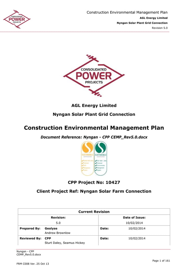 Construction Environmental Management Plan - Documents for Nyngan Solar ...
