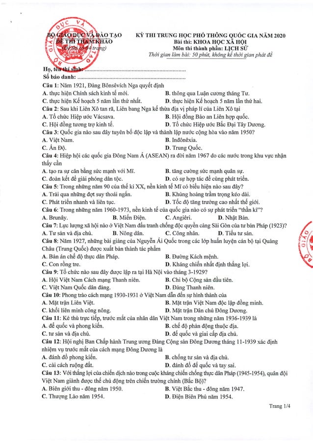 de thi minh hoa mon lich su ky thi thpt quoc gia nam 2020 | PDF