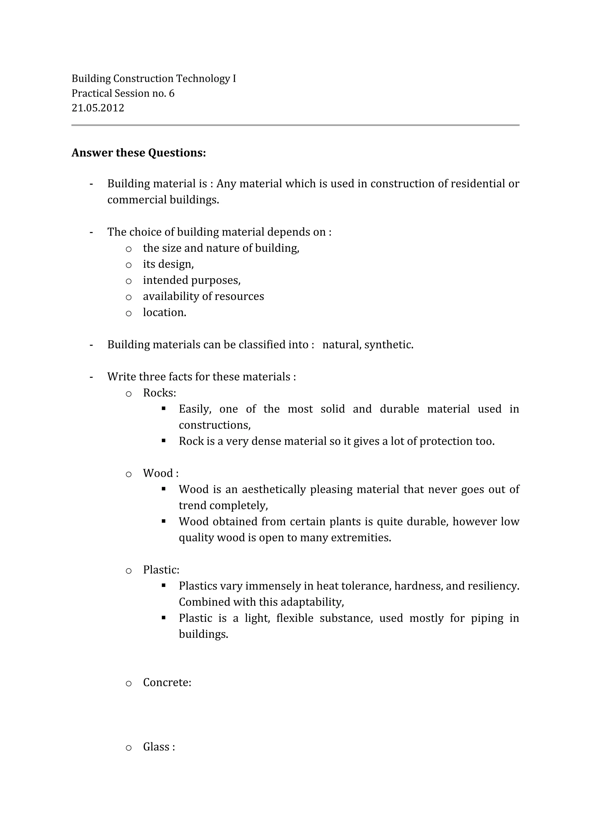 Building Construction 6. intro to building materials | DOCX