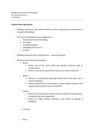 Building Construction 6. intro to building materials | DOCX