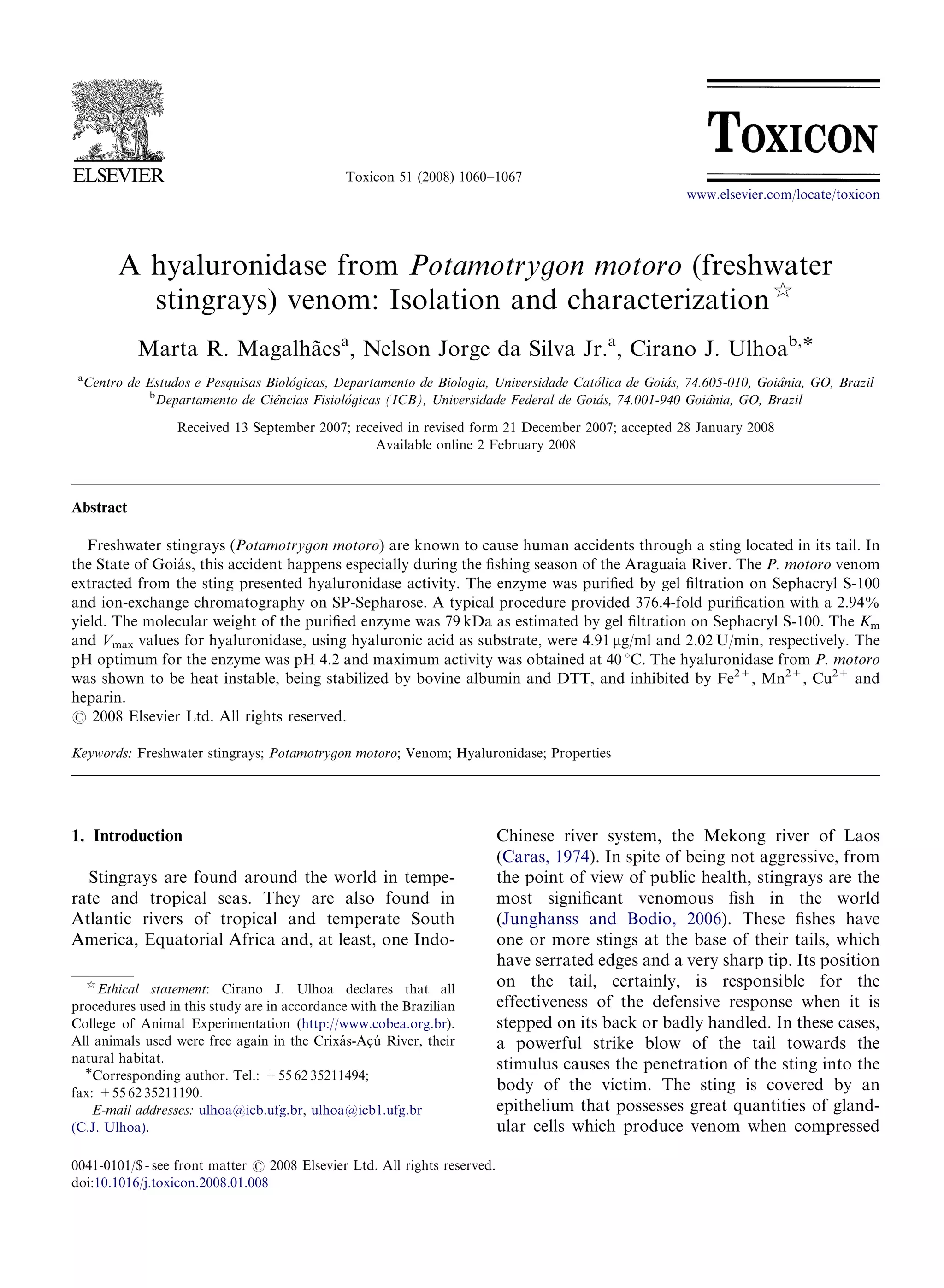 6 magalhães et al 2008 a hyaluronidase from potamotrygon motoro (freshwater | PDF