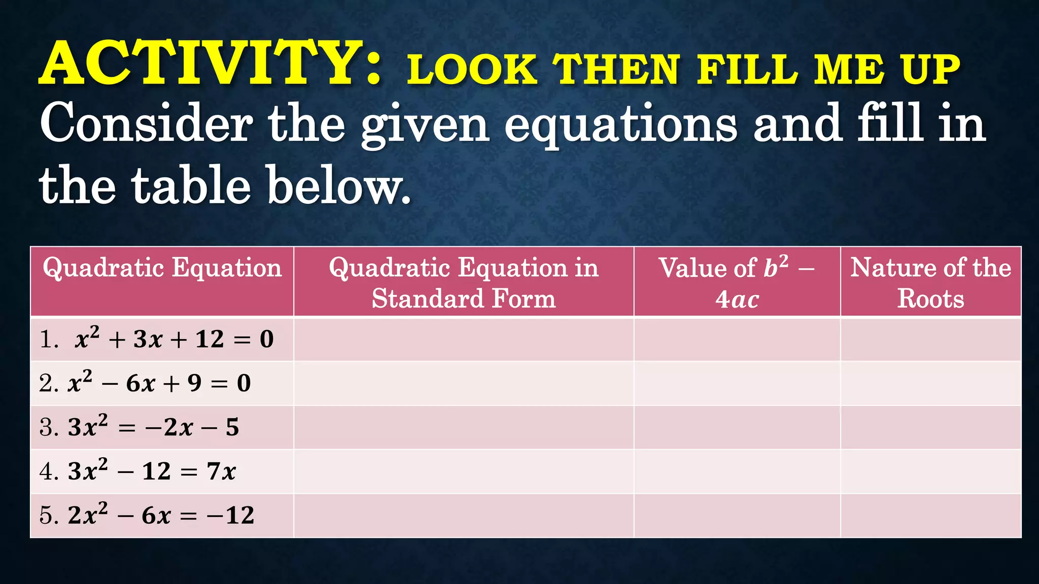 6 - NATURE OF THE ROOTS OF A QUADRATIC EQUATION USING DISCRIMINANT ...