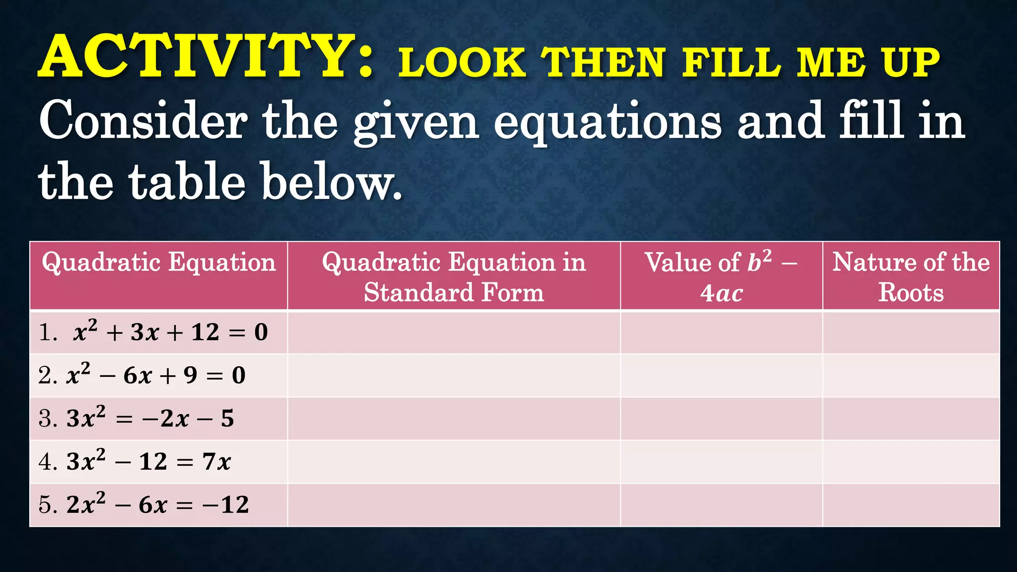 6 - NATURE OF THE ROOTS OF A QUADRATIC EQUATION USING DISCRIMINANT ...