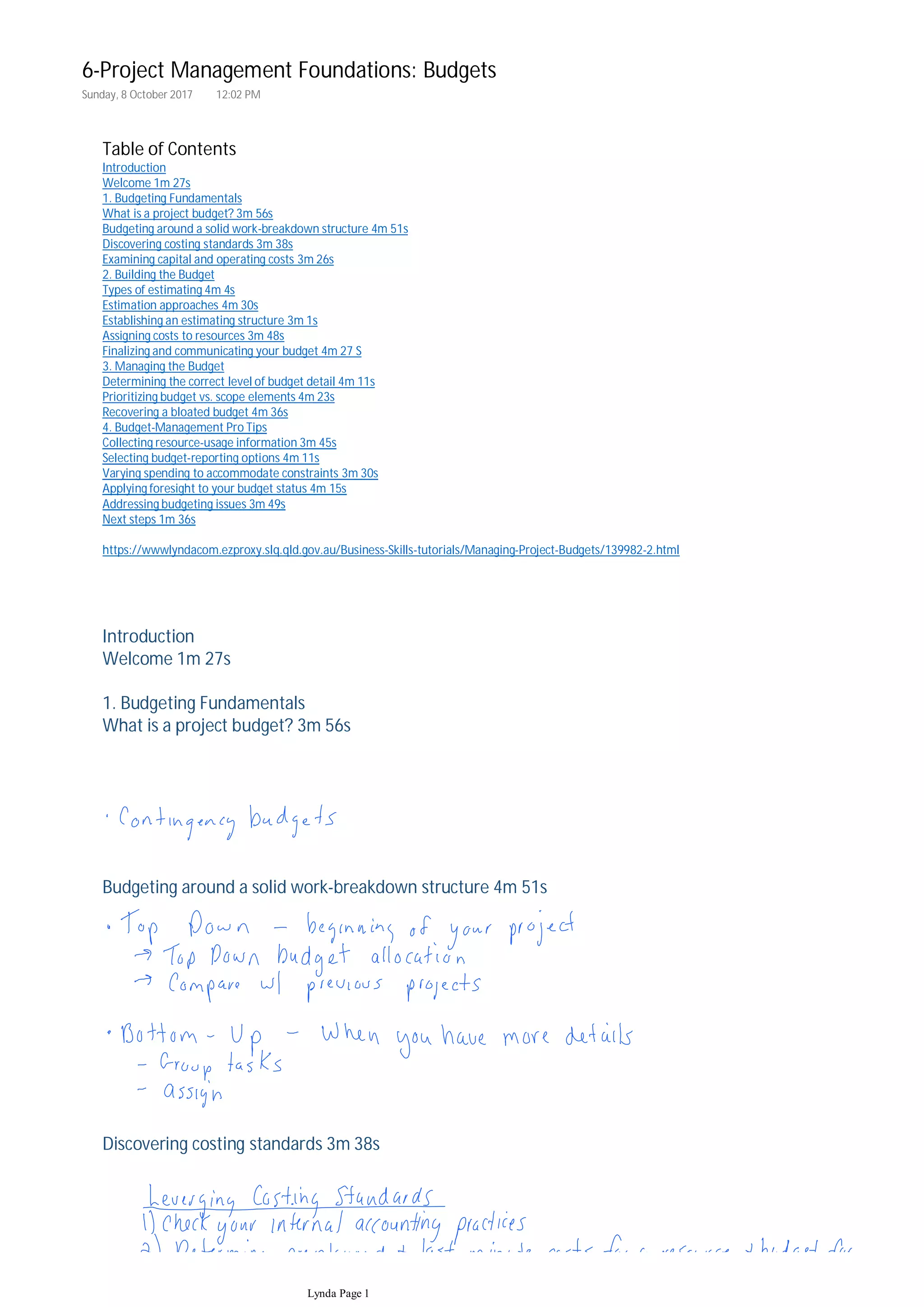 6 - Project Management Foundations : Budgets (Notes) | PDF