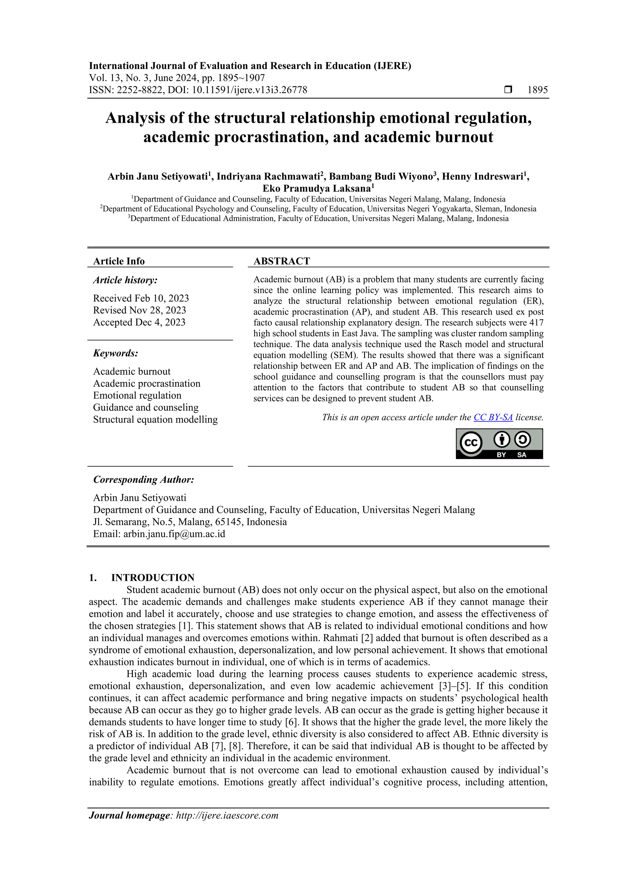Analysis of the structural relationship emotional regulation, academic procrastination, and ...