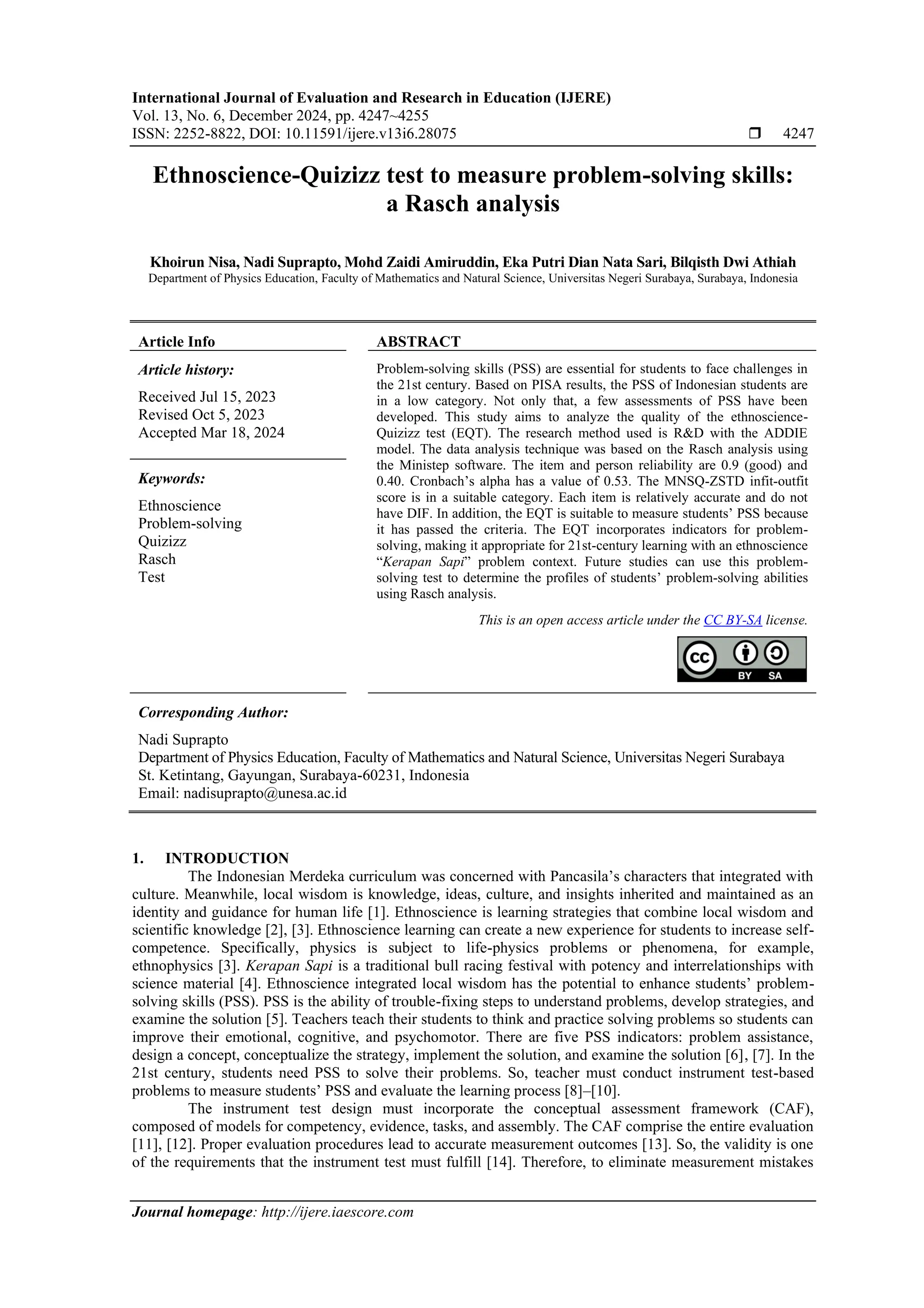 Ethnoscience-Quizizz test to measure problem-solving skills: a Rasch ...