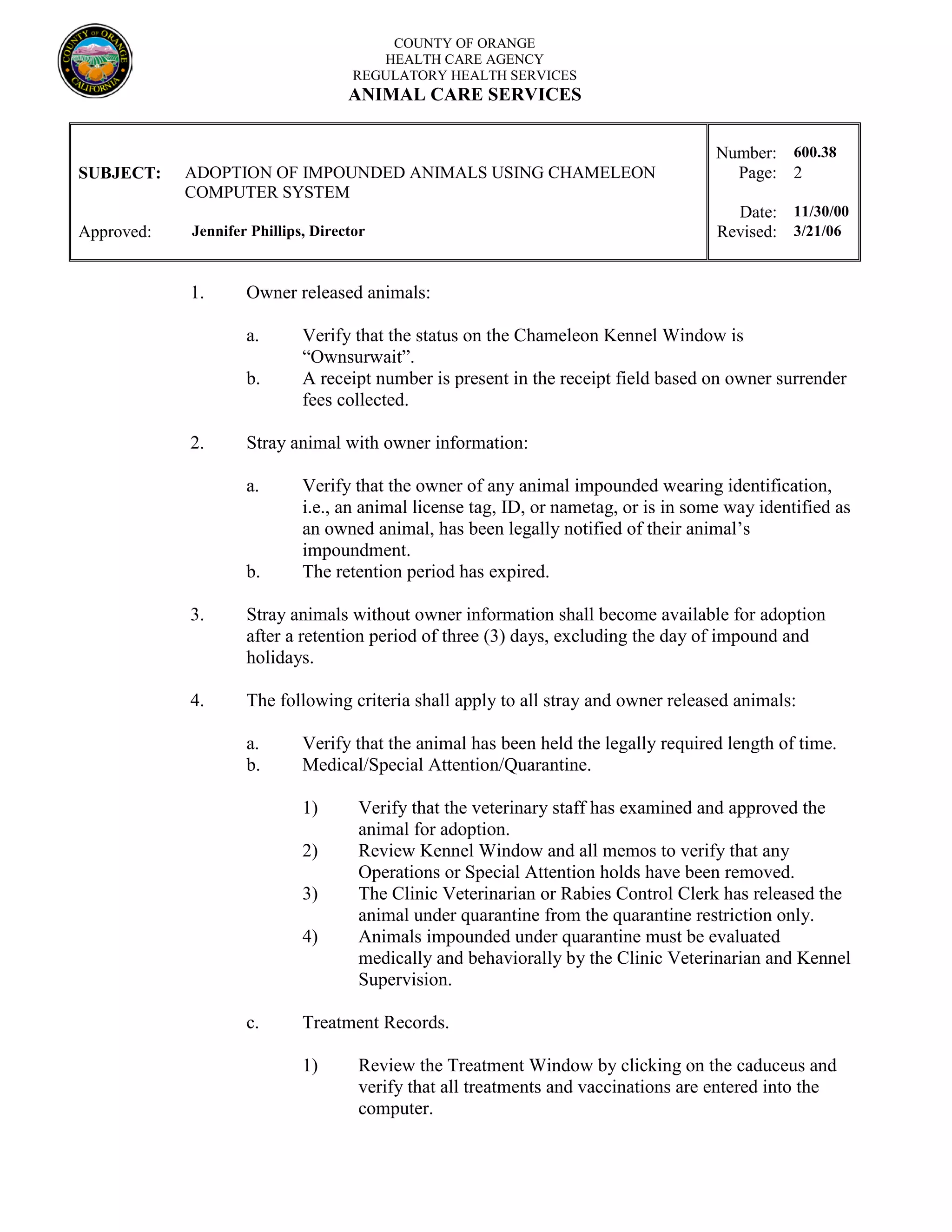 600.38 adoption of impounded animals using chameleon | PDF