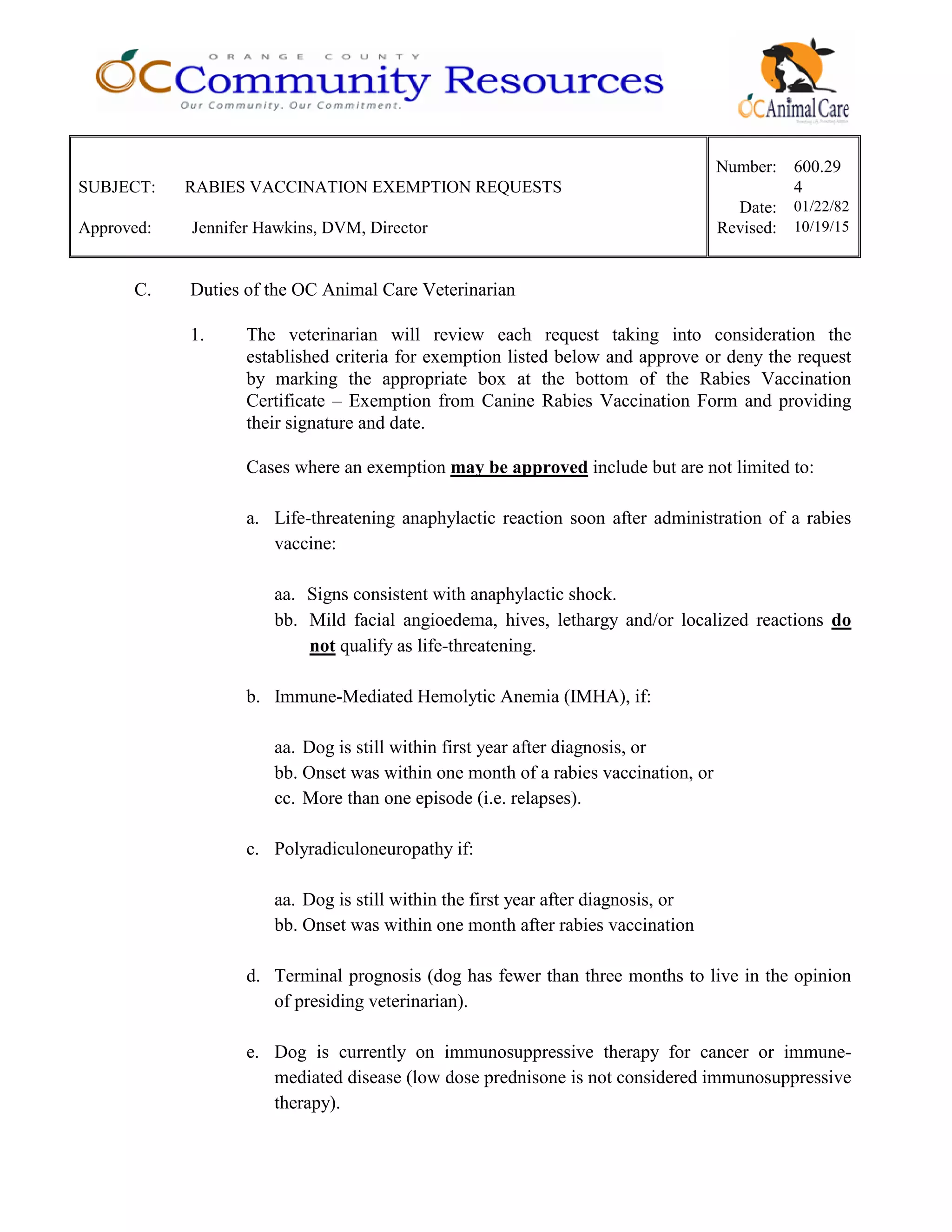 600.29 rabies vaccination exemption requests | PDF