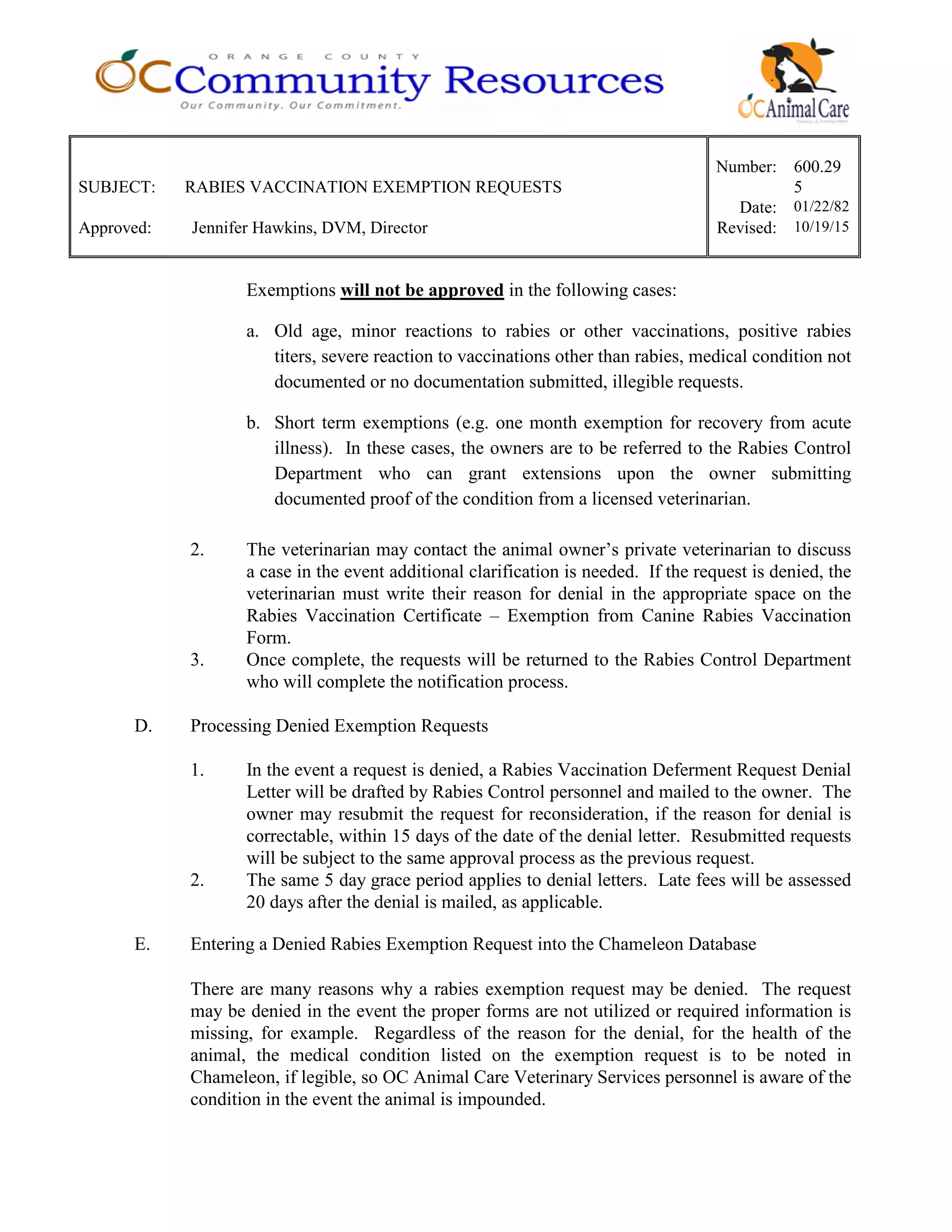 600.29 rabies vaccination exemption requests | PDF