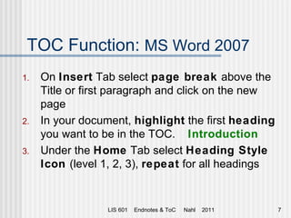 601 Session 13-Table of Contents Function-f11 | PPT