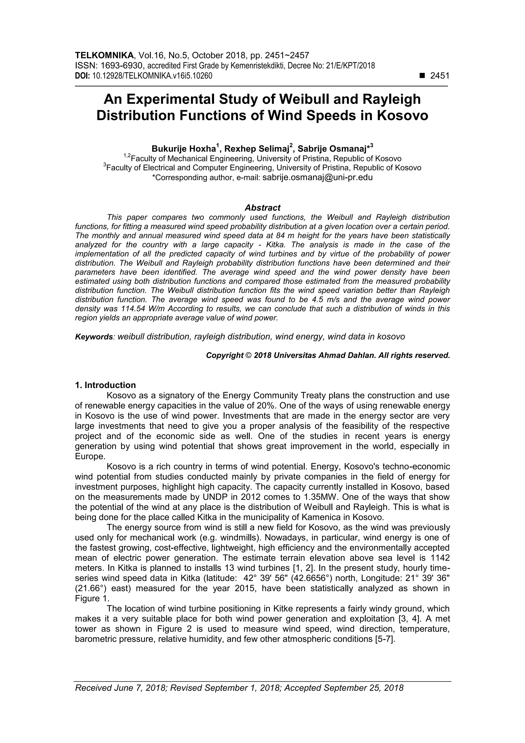 An Experimental Study of Weibull and Rayleigh Distribution Functions of Wind Speeds in Kosovo | PDF