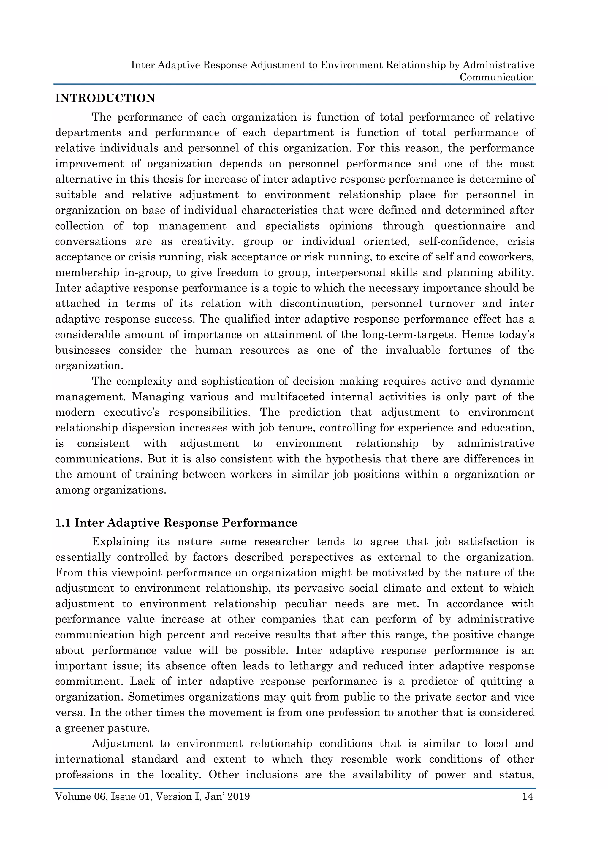 Inter Adaptive Response Adjustment to Environment Relationship by ...