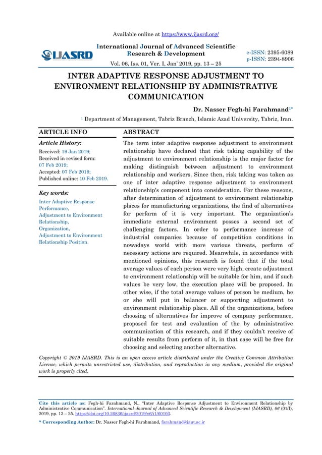 Inter Adaptive Response Adjustment to Environment Relationship by ...
