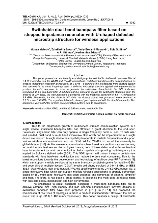 Switchable dual-band bandpass filter based on stepped impedance resonator with U-shaped defected ...