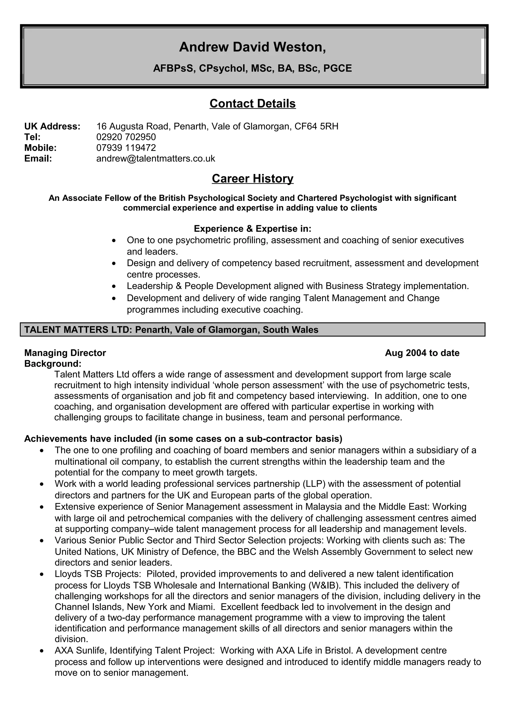 Andrew Weston CV 2015 | DOC | Management Consulting Industry | Industries