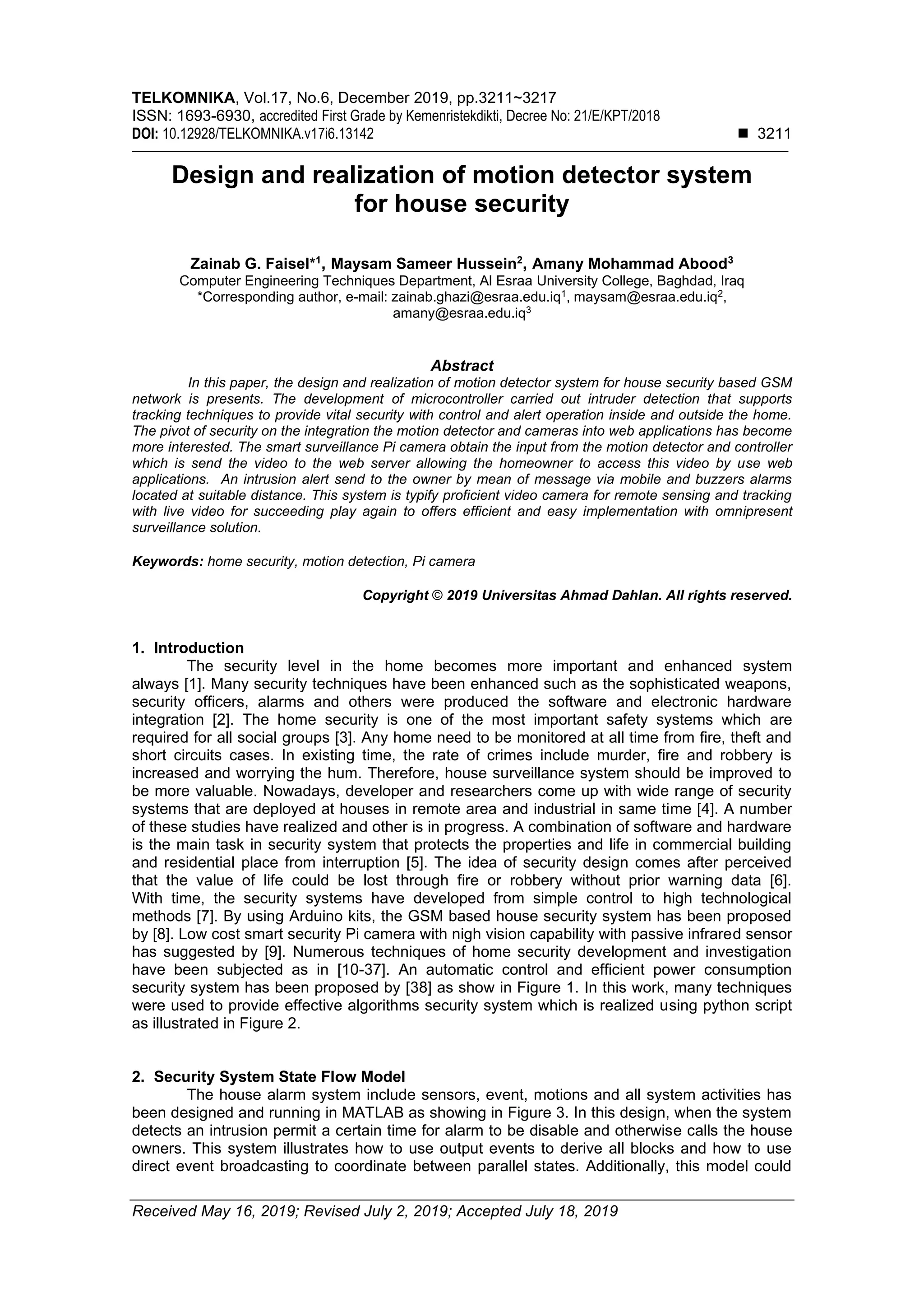 Design and realization of motion detector system for house security ...