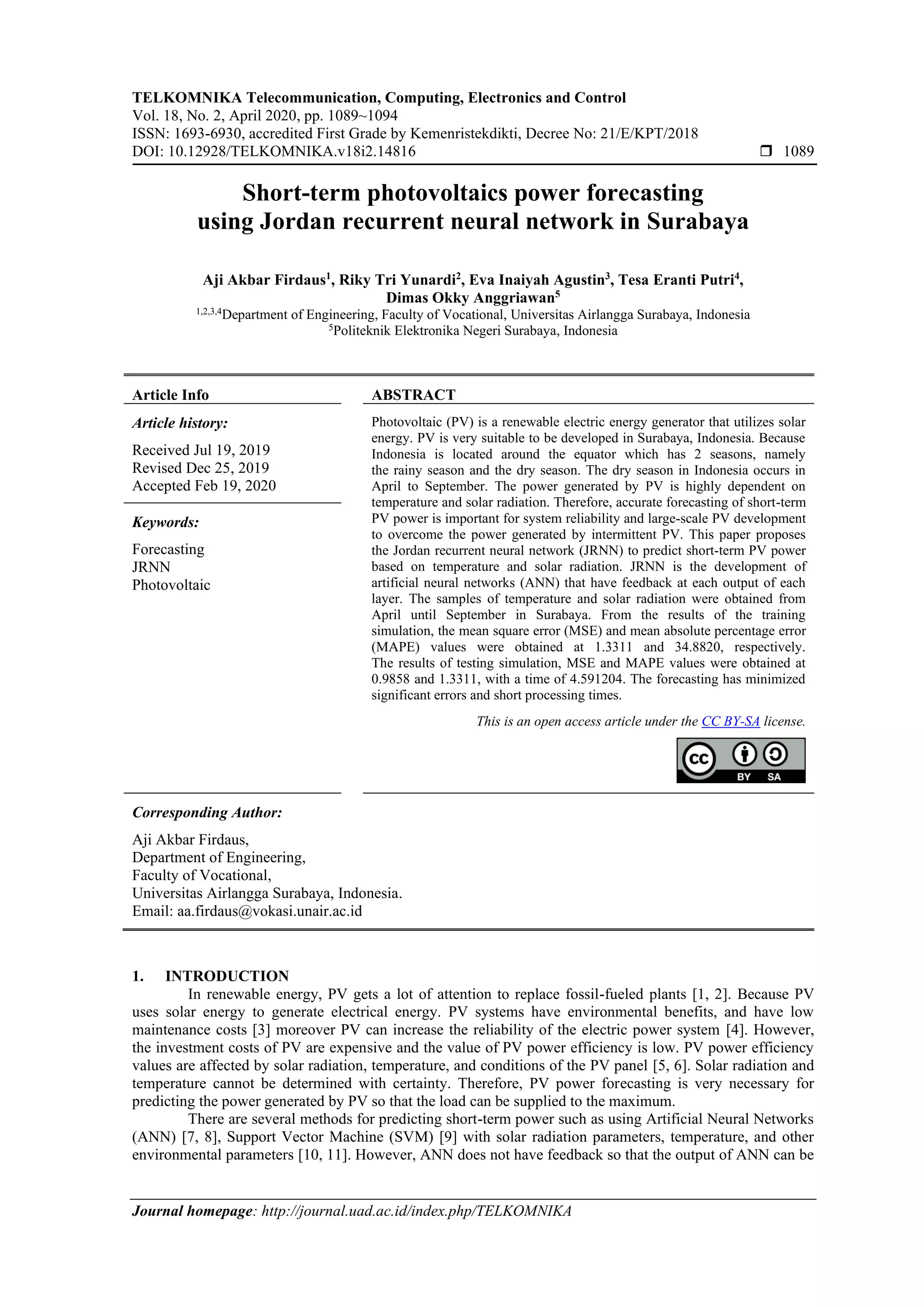 Short Term Photovoltaics Power Forecasting Using Jordan Recurrent Neural Network In Surabaya Pdf