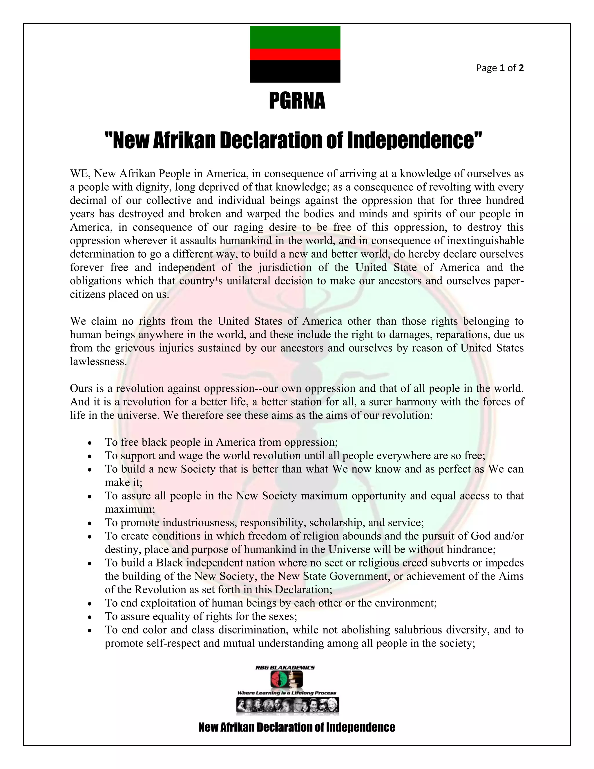 NEW AFRIKAN DECLARATION OF INDEPENDENCE/ PG-RNA | PDF