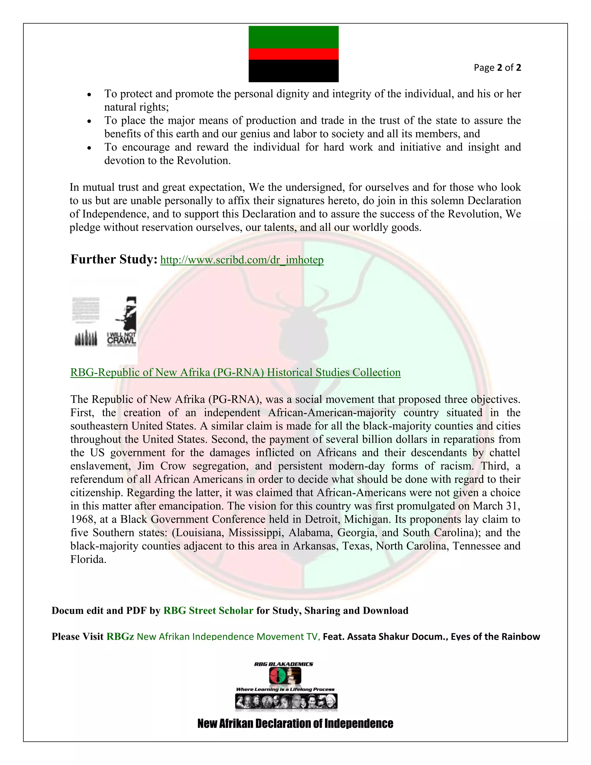NEW AFRIKAN DECLARATION OF INDEPENDENCE/ PG-RNA | PDF