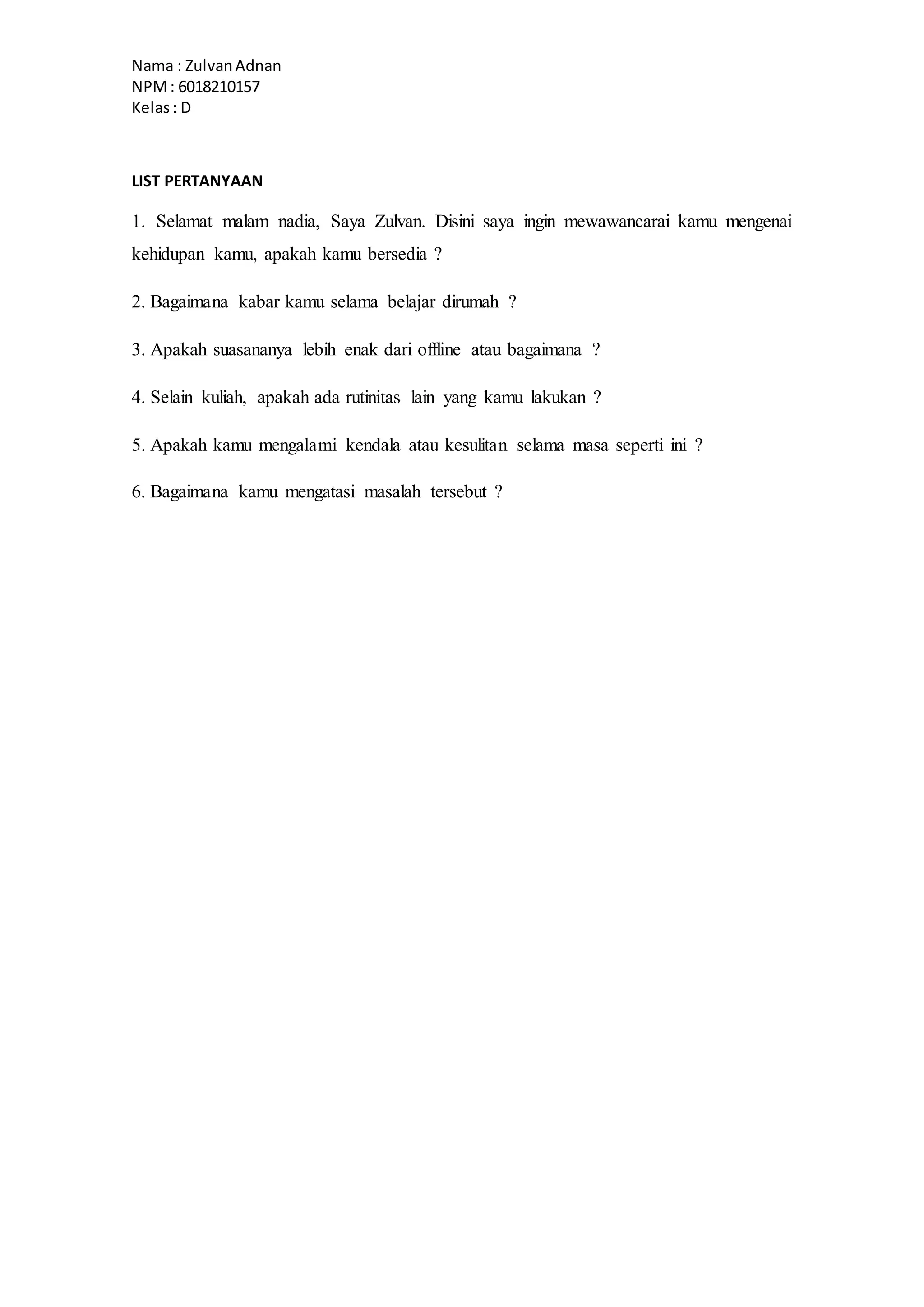 6018210157 zulvan adnan list pertanyaan_d | DOCX