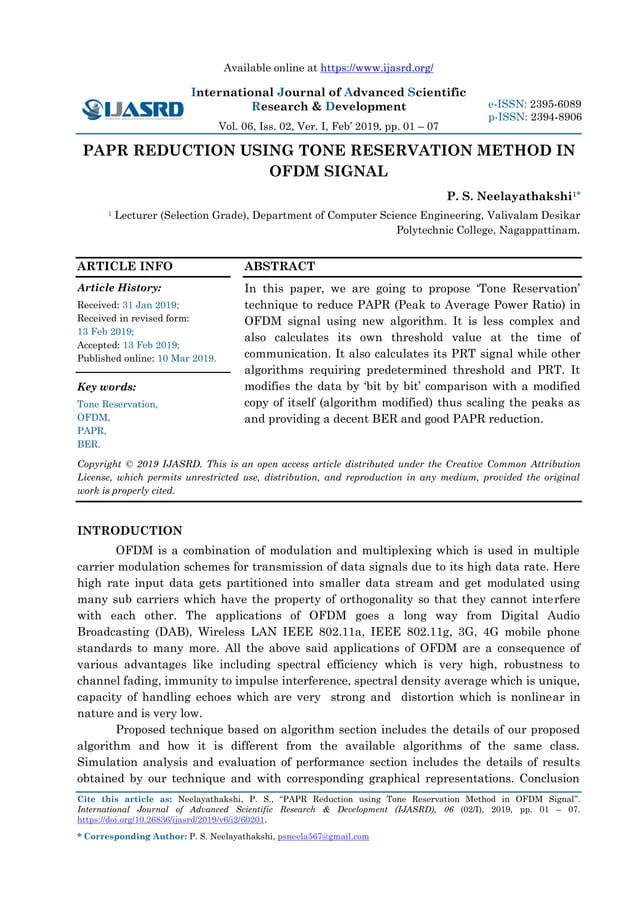 PAPR Reduction using Tone Reservation Method in OFDM Signal | PDF