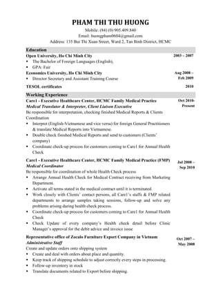 CV_Pham Thi Thu Huong_2016 | PDF | Healthcare Industry | Industries