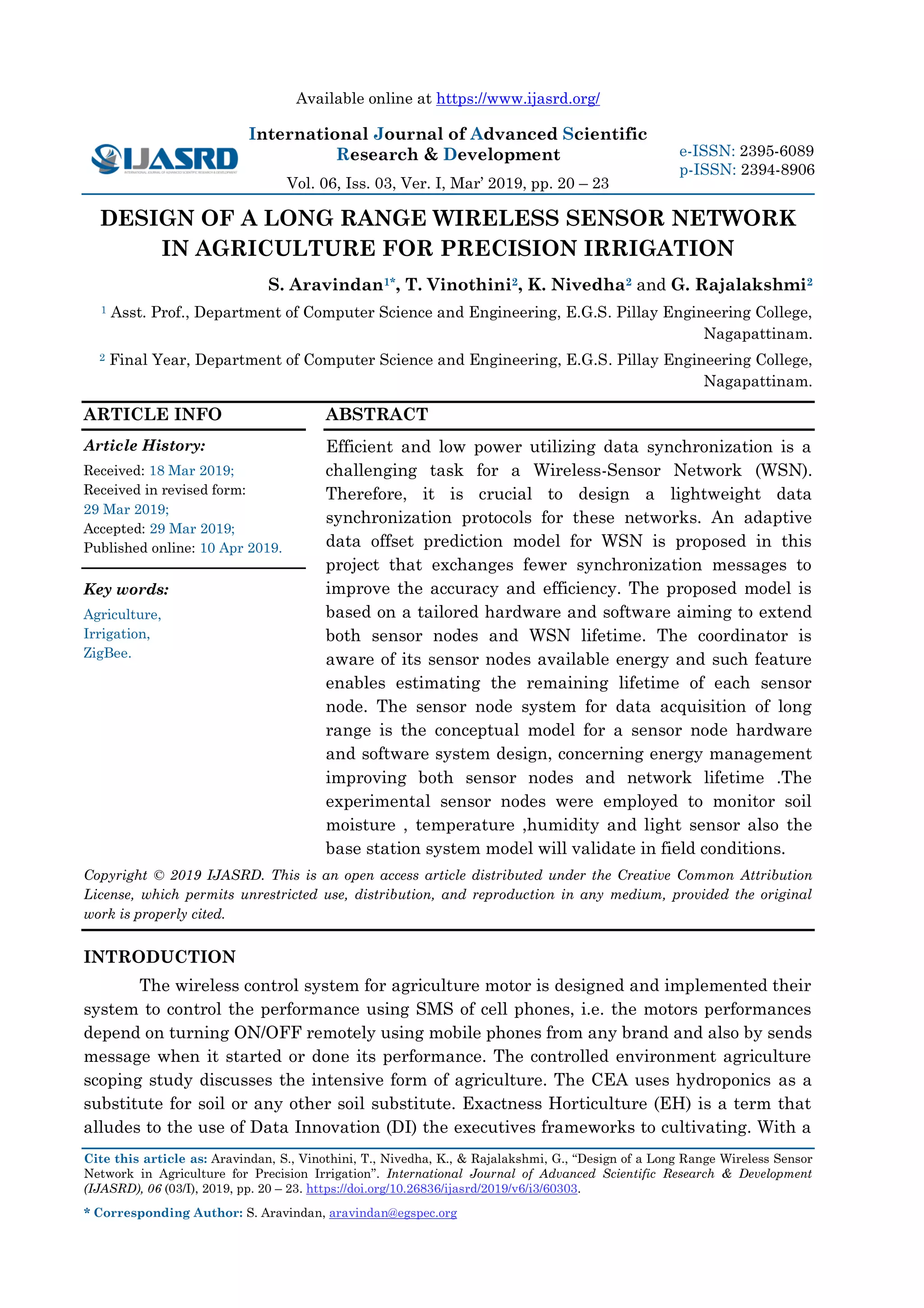 Design of a Long Range Wireless Sensor Network in Agriculture for Precision Irrigation | PDF ...