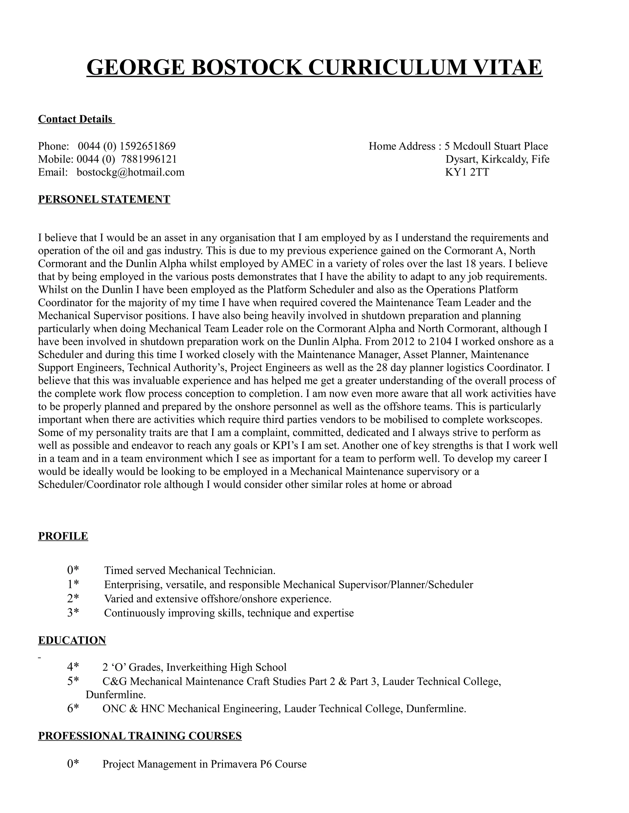 George Bostock CV 09-05-2015 | PDF