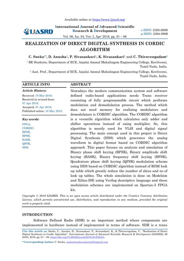 Realization Of Direct Digital Synthesis In Cordic Algorithm Pdf