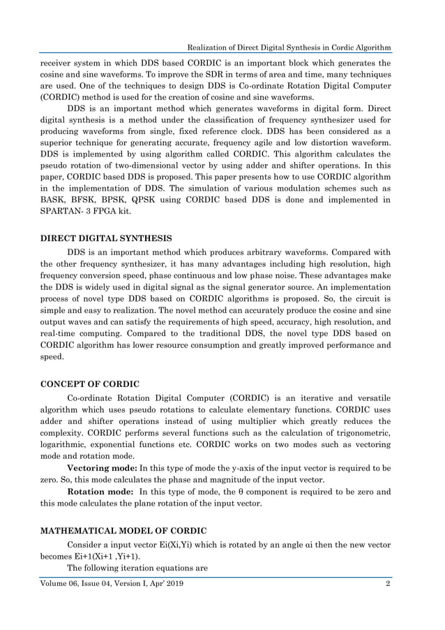 Realization Of Direct Digital Synthesis In Cordic Algorithm Pdf