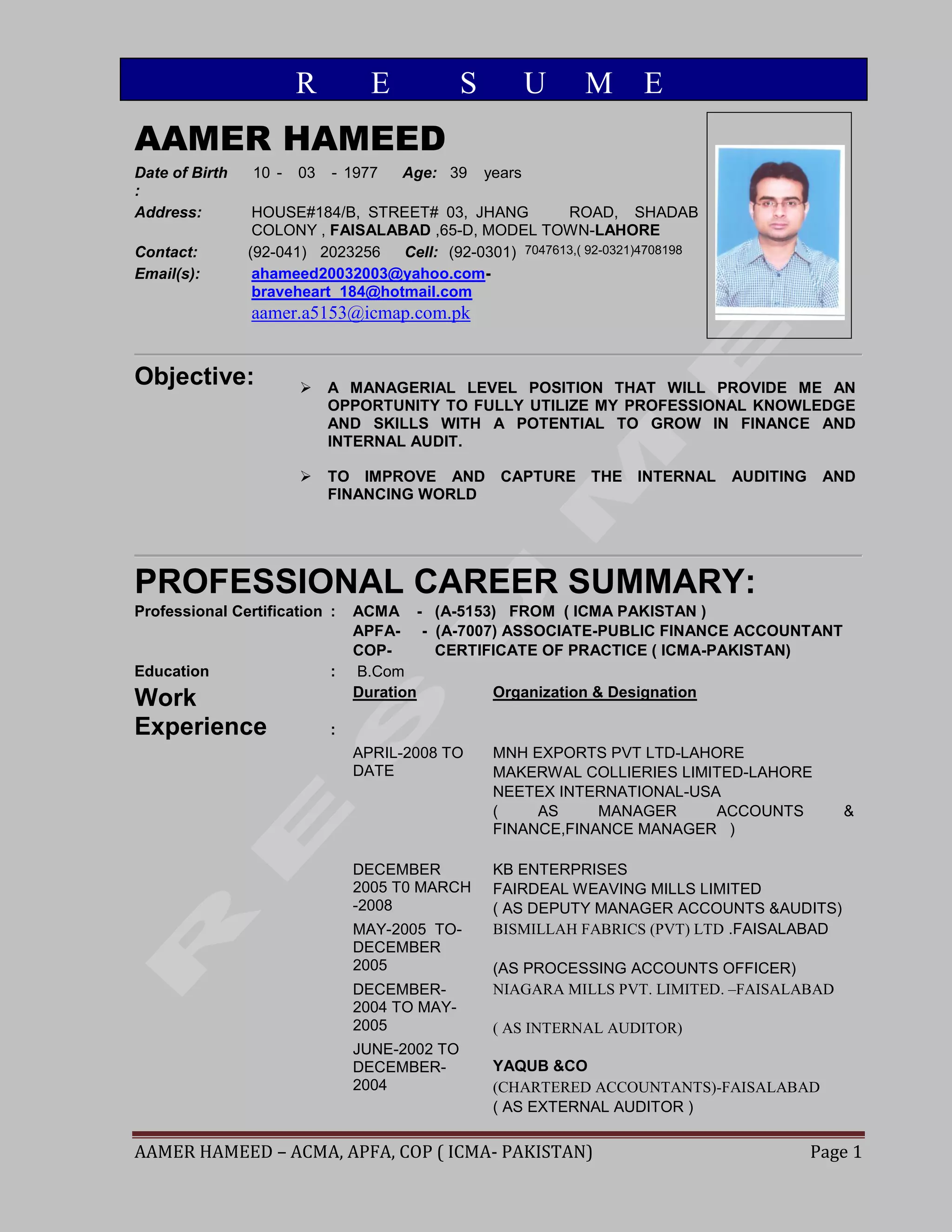 AAMER HAMEED -ACMA, APFA, COP ( ICMAP) | PDF