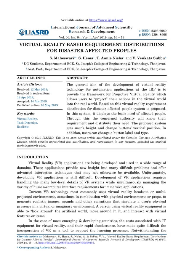 Virtual Reality Based Requirement Distributions for Disaster Affected Peoples | PDF